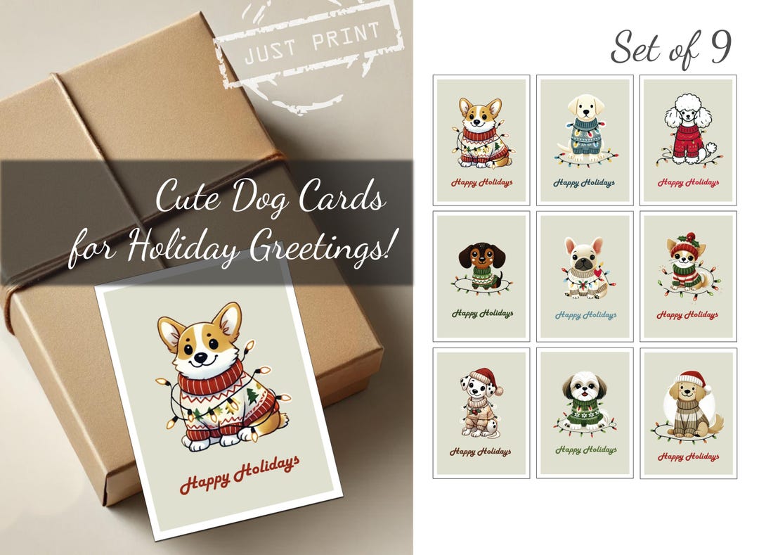 Printable Christmas Dog Breed Holiday Cards Set of 9 Cute Festive Dog ...