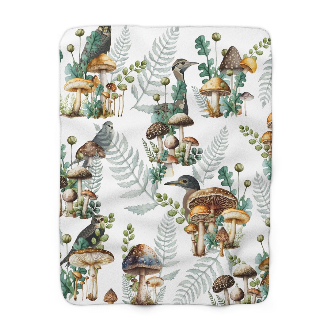 Mushroom & Bird Blanket, Cottagecore Blanket, Floral Sherpa, Botanical ...