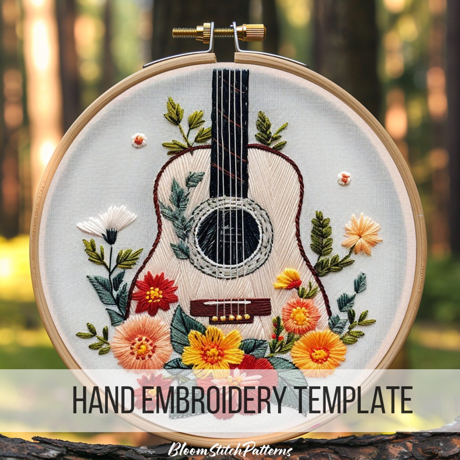 Floral Guitar PDF Pattern, August Song, Beginner Embroidery, DIY ...