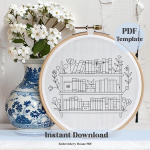 Bookshelf Hand Embroidery Pattern, Book Embroidery, Floral Books, Hand ...