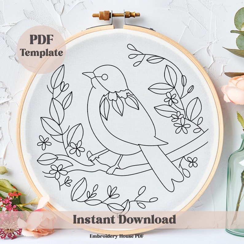 Song Bird Hand Embroidery Template, Robin Pattern, Spring Bird ...