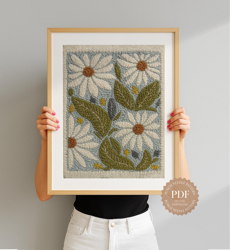 Daisies Punch Needle Pattern, Floral Yarn Art, Botanical Cushion Cover ...