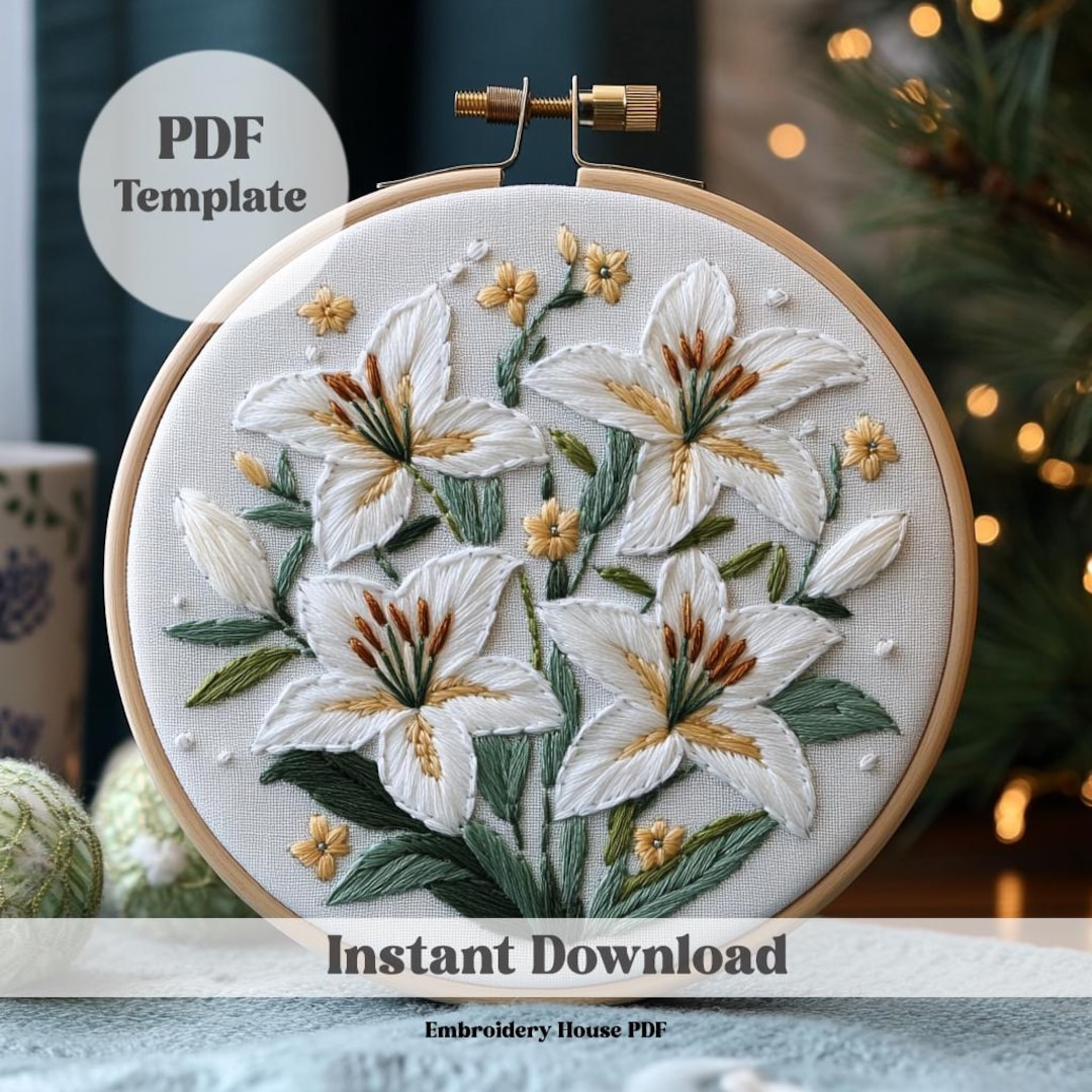 White Lilies Embroidery, Flowers Embroidery, Needlepoint, Floral Wall ...