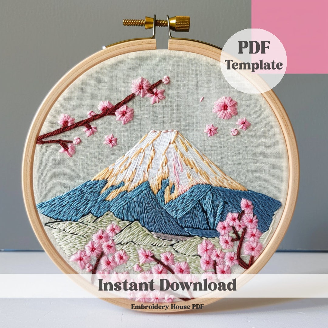 Embroidery PDF Pattern,fuji Mountain, Cherry Blossom Embroidery ...