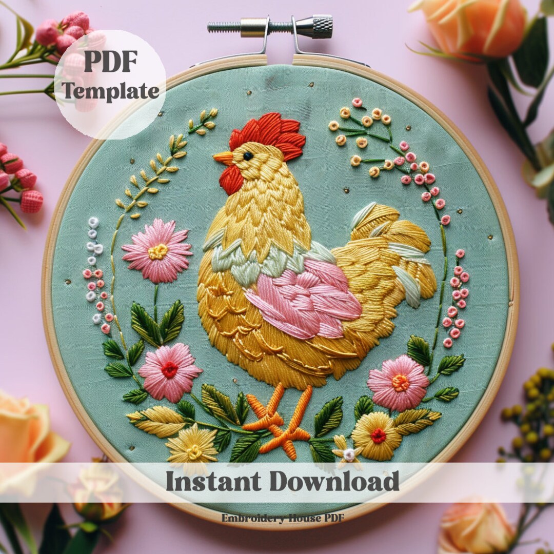 PDF Pattern Rooster, Beginner Embroidery, Embroidery Template, Floral ...