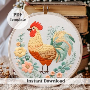 Rooster PDF Pattern , Beginner Embroidery, Embroidery Template, Floral Embroidery Pattern ...