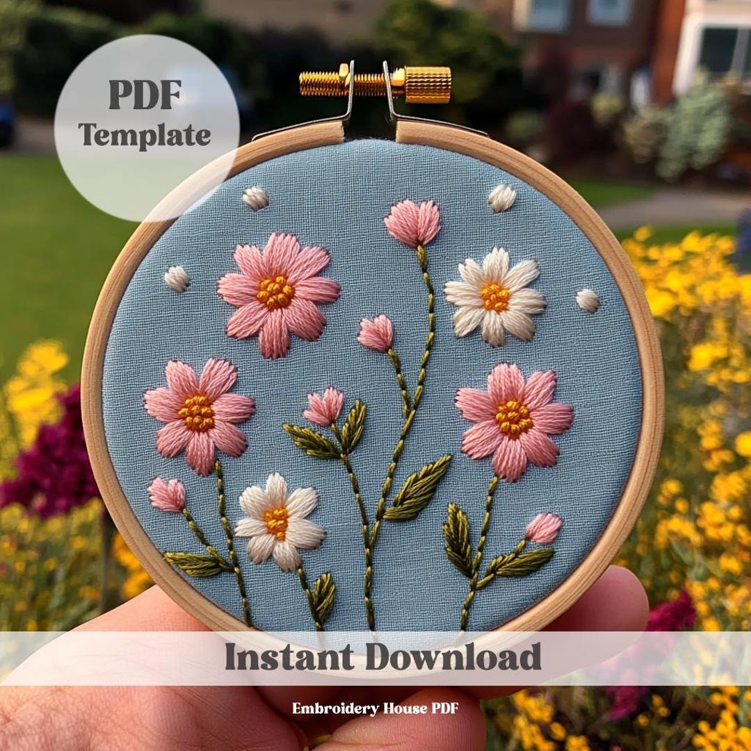 Pink Flowers Garden, Printable Pattern, DIY Embroidery, Embroidery ...