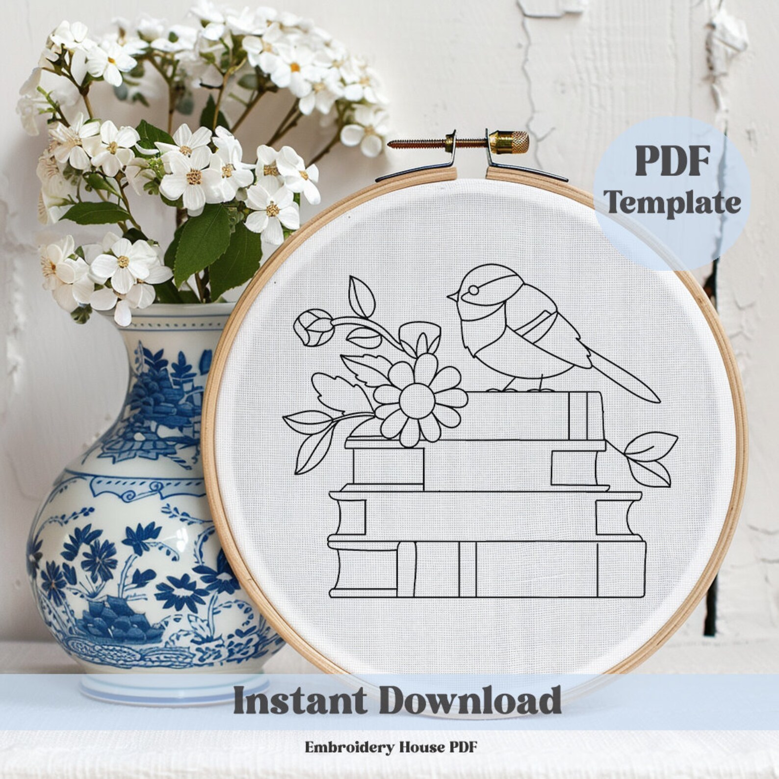 Floral Book Embroidery Pattern, Instant Download, Reading Book Decor ...
