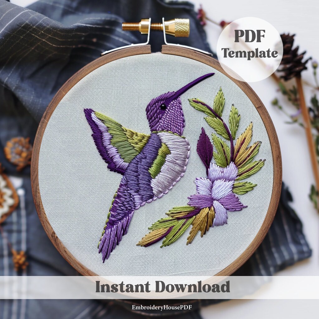 Purple Hummingbird Embroidery Pattern, Hummingbird Template, Spring ...