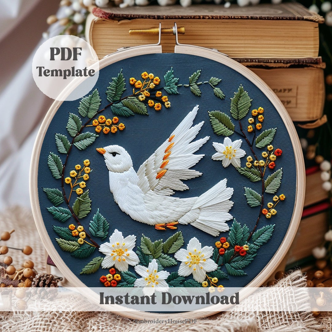 Peace Dove Embroidery Template, Floral Dove Pattern, Dove Embroidery ...