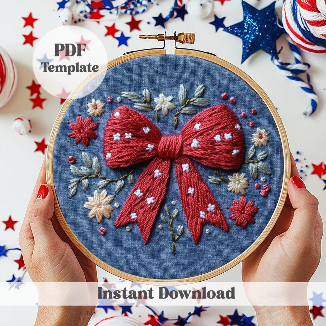 Floral Bow Embroidery, Hand Embroidery, Red Bow Embroidery Pattern ...
