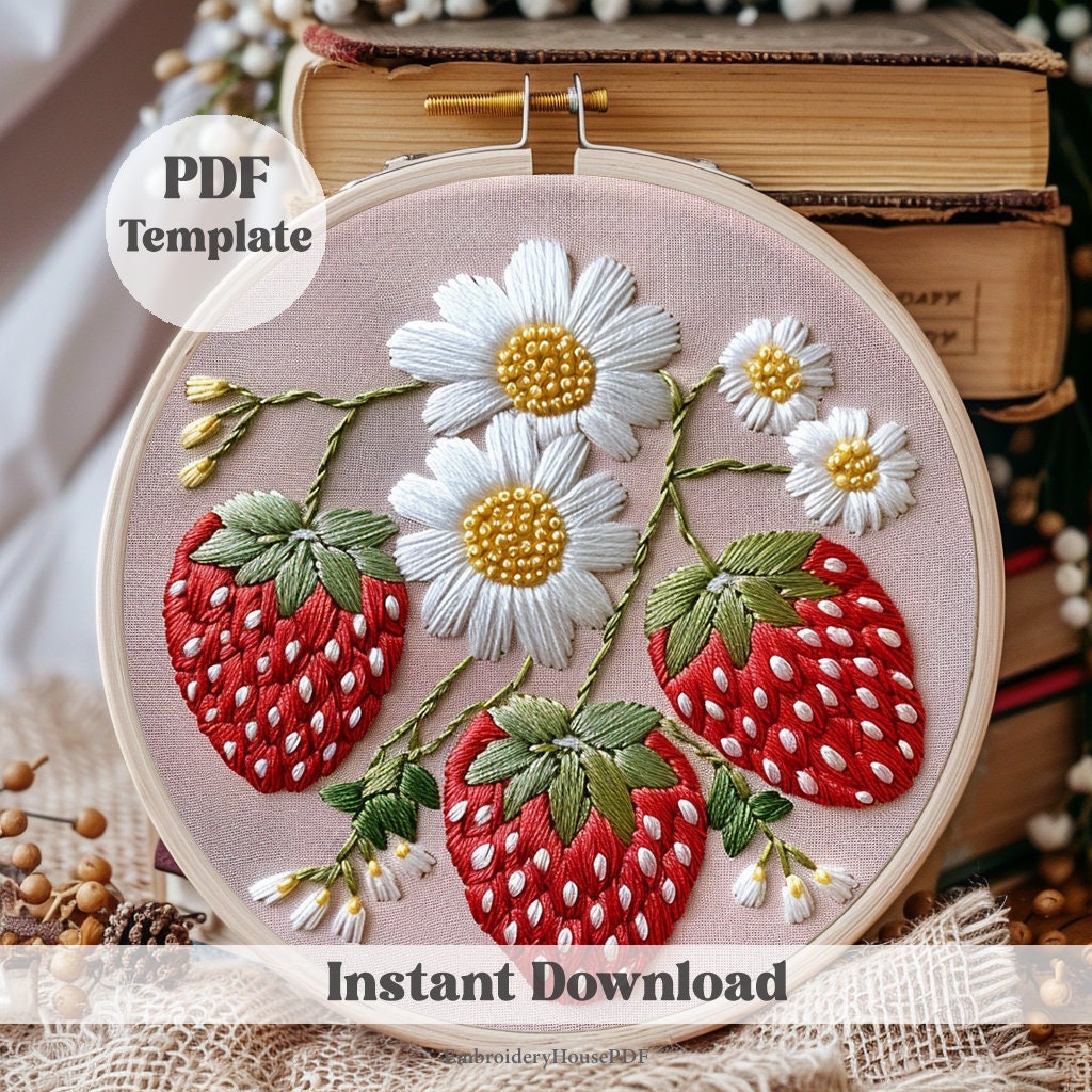 Strawberries and Flowers Embroidery, Strawberries Template ...