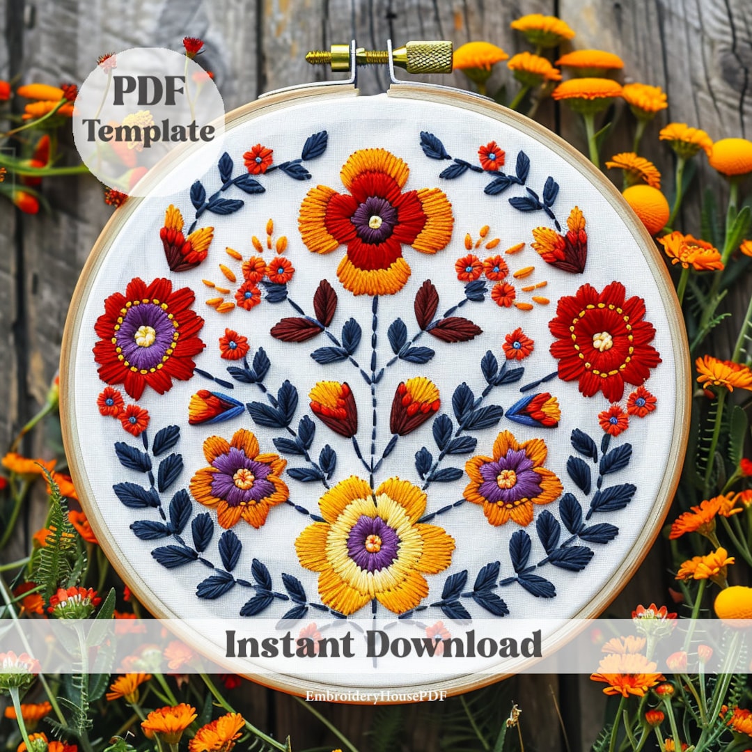 Folk Flower Embroidery, Hand Embroidery, PDF Pattern, Modern Embroidery ...