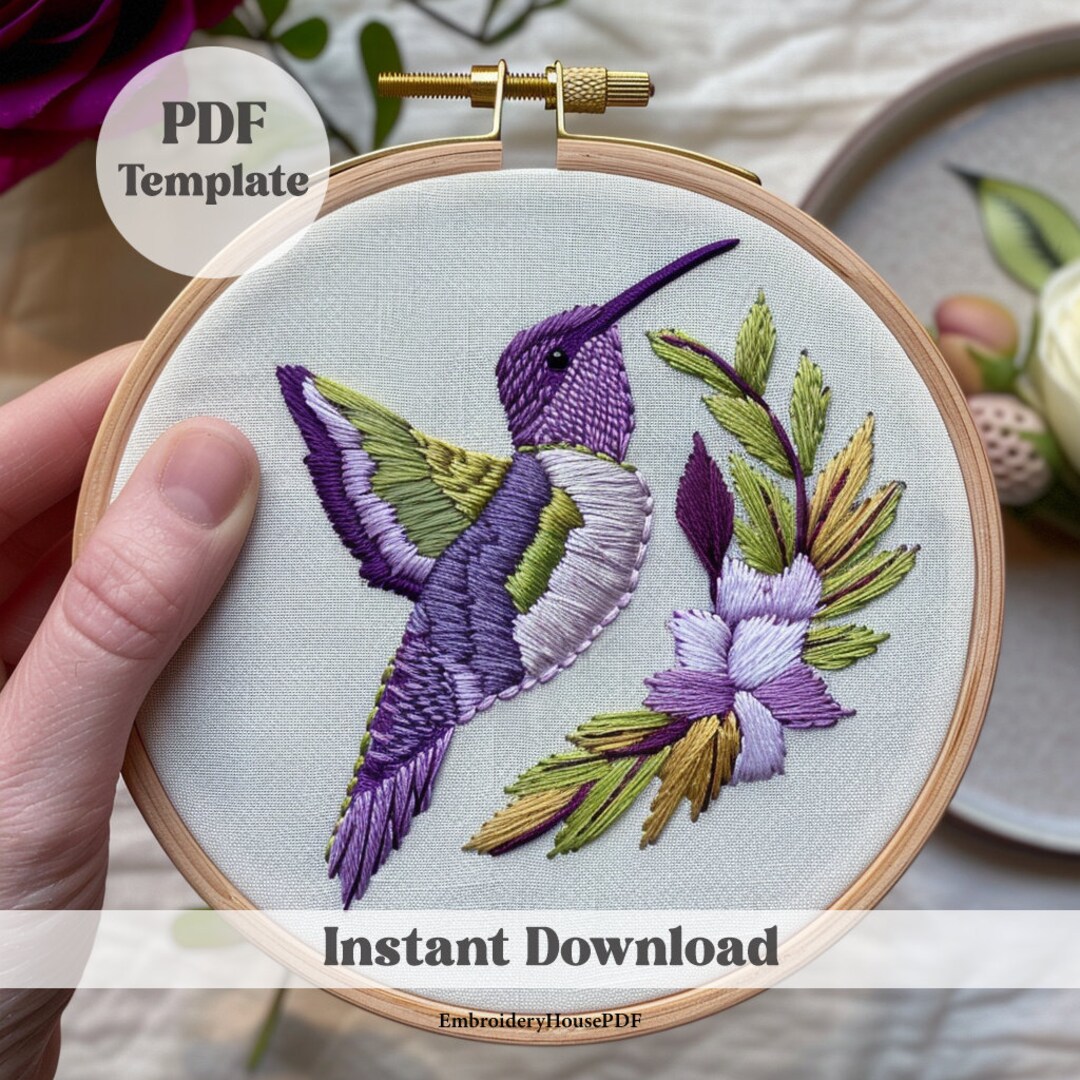 Purple Hummingbird Embroidery Pattern, Hummingbird Template, Spring ...
