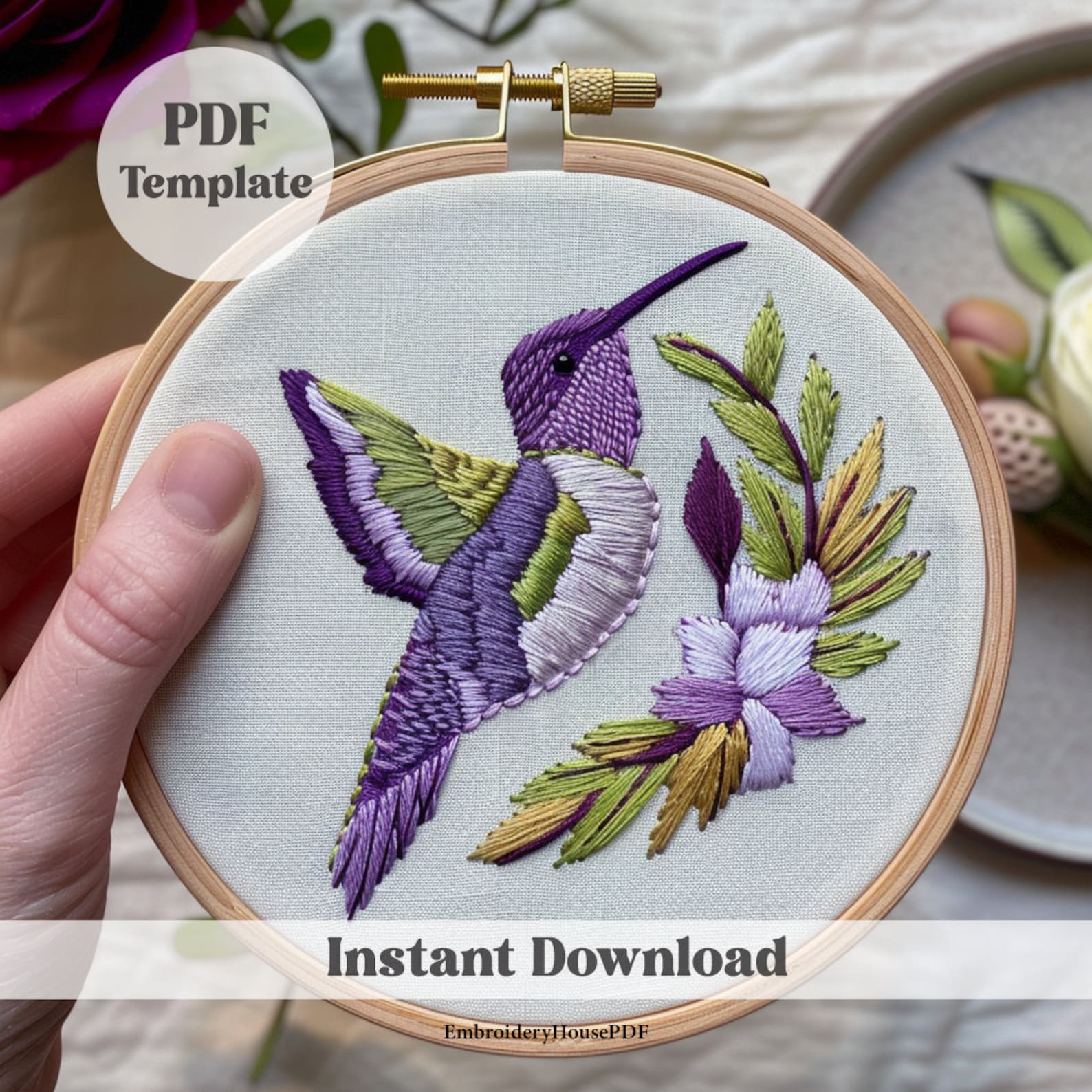 Purple Hummingbird Embroidery Pattern, Hummingbird Template, Spring ...