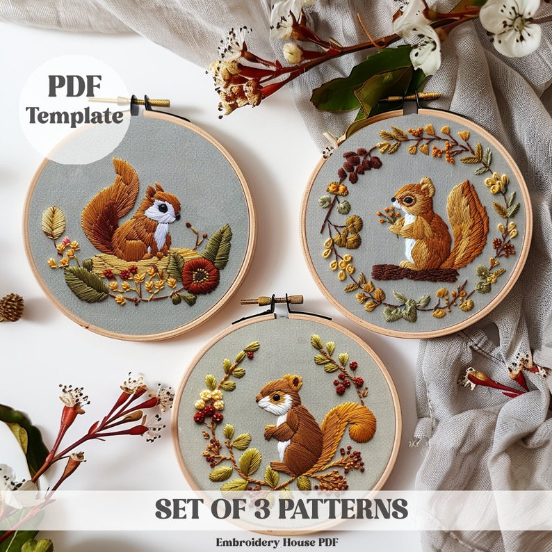 Squirrel Embroidery Pattern: Set of 3 Woodland Animal Designs (beginner ...