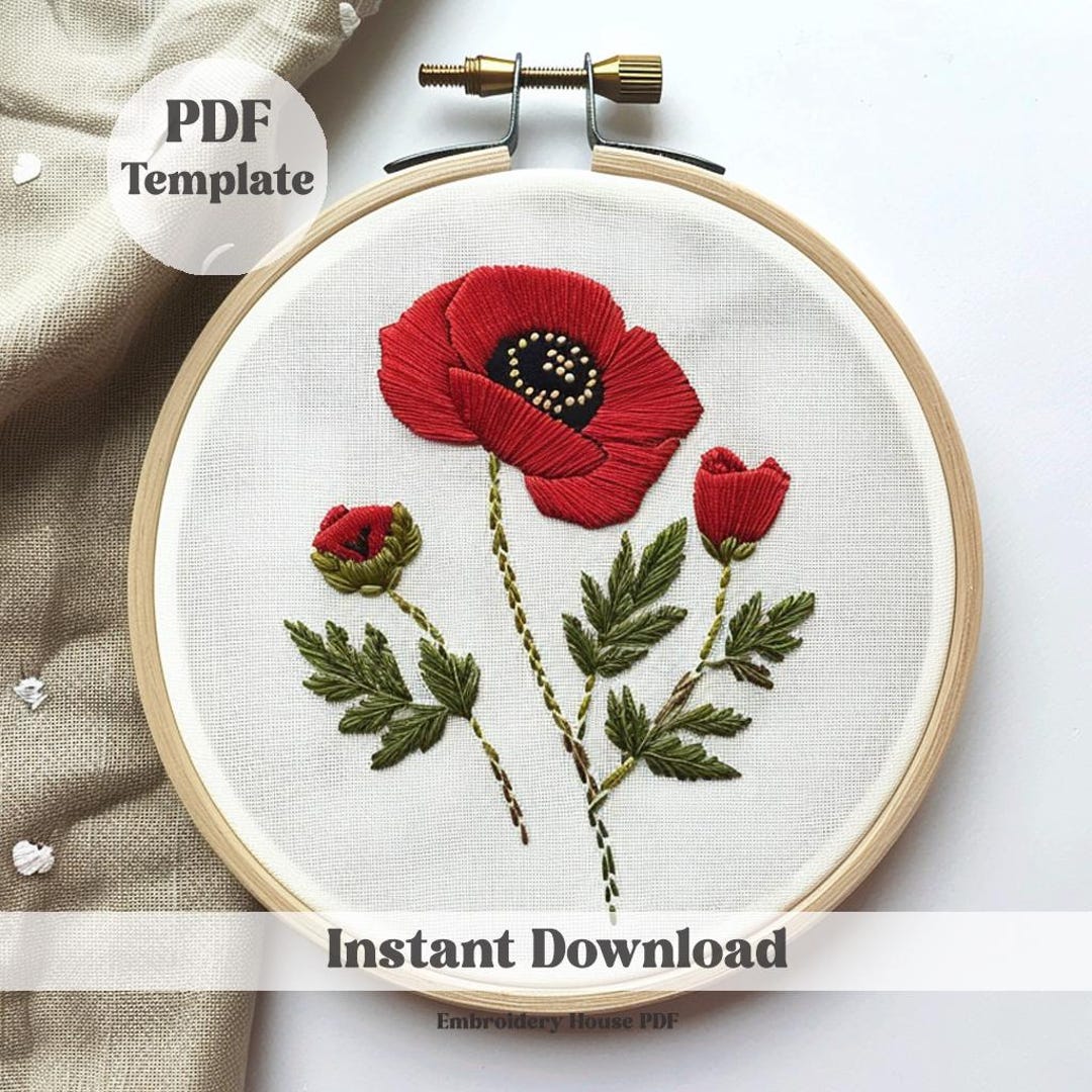 Red Poppy Hand Embroidery Pattern, Flower Embroidery, Floral Pattern ...