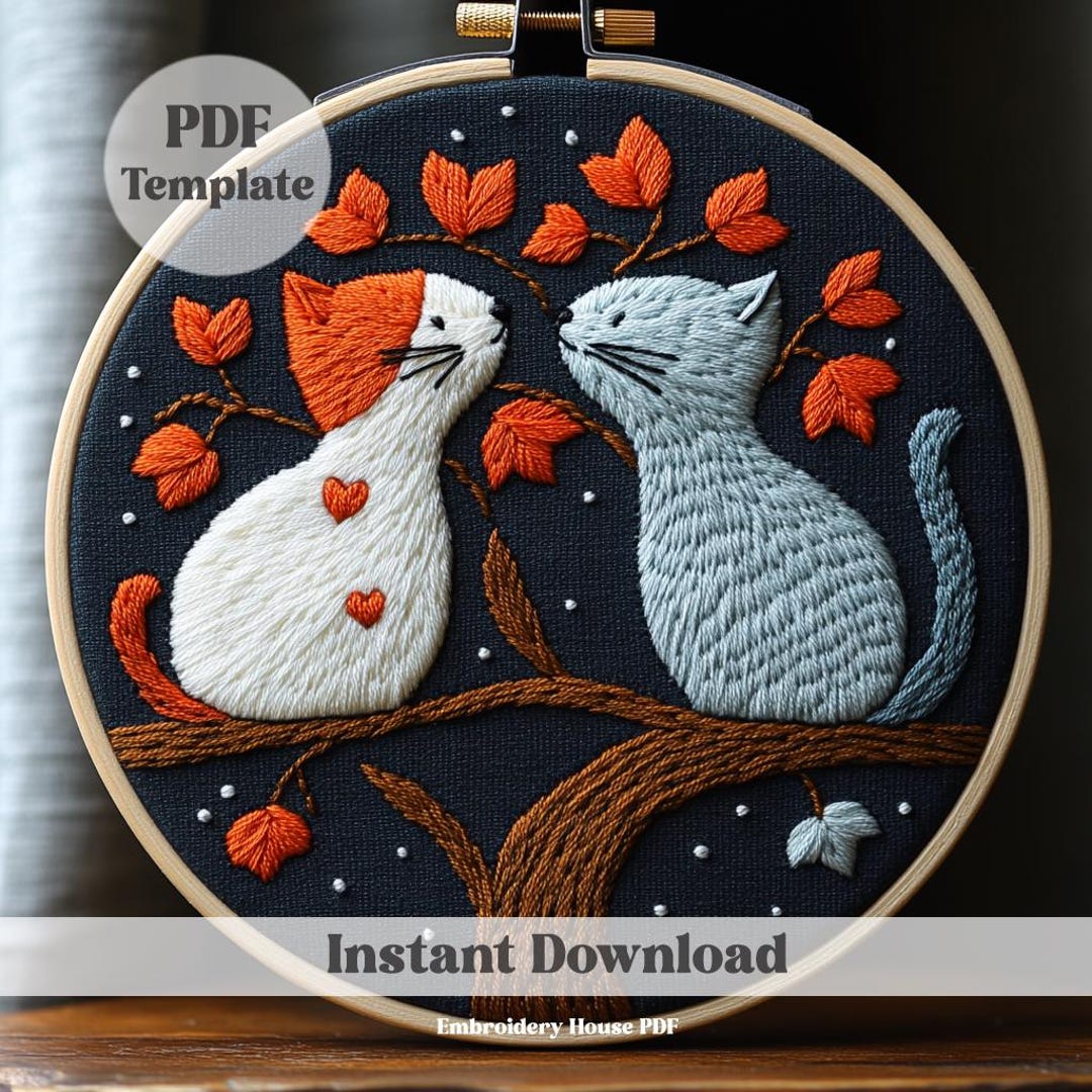 Lovely Cats Embroidery Pattern Template, Cute Cat Hand Embroidery, Cat ...