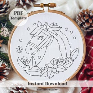 Christmas Horse Portrait Embroidery Pattern, Vintage Christmas ...