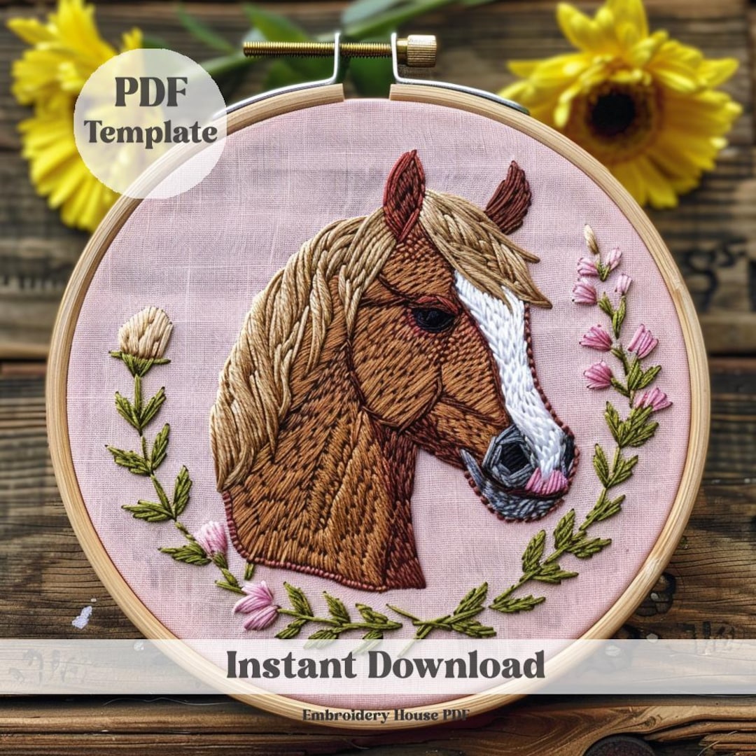 Horse Hand Embroidery Pattern, Horse Embroidery, Floral Horse, Hand ...