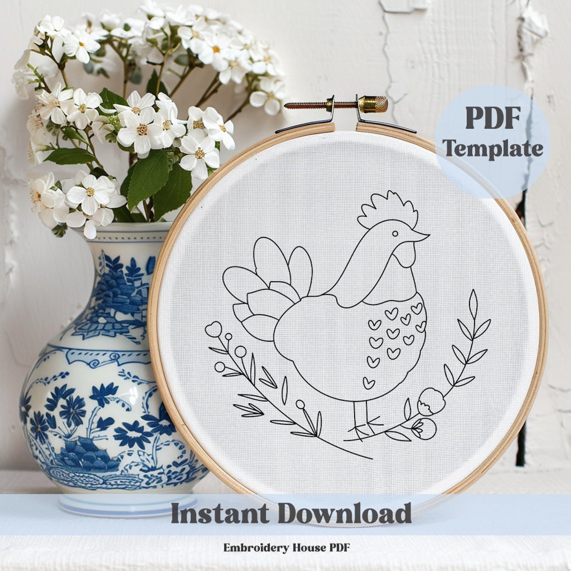 Floral Chicken Embroidery Pattern, PDF Pattern, Hen & Hare, Beginner ...