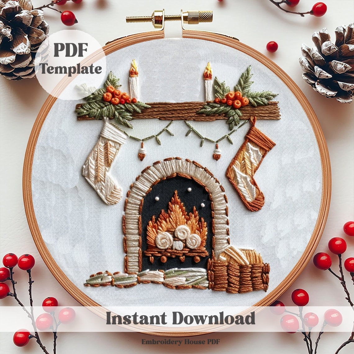 Christmas Fireplace Embroidery Pattern, Festive Fireplace, Christmas ...
