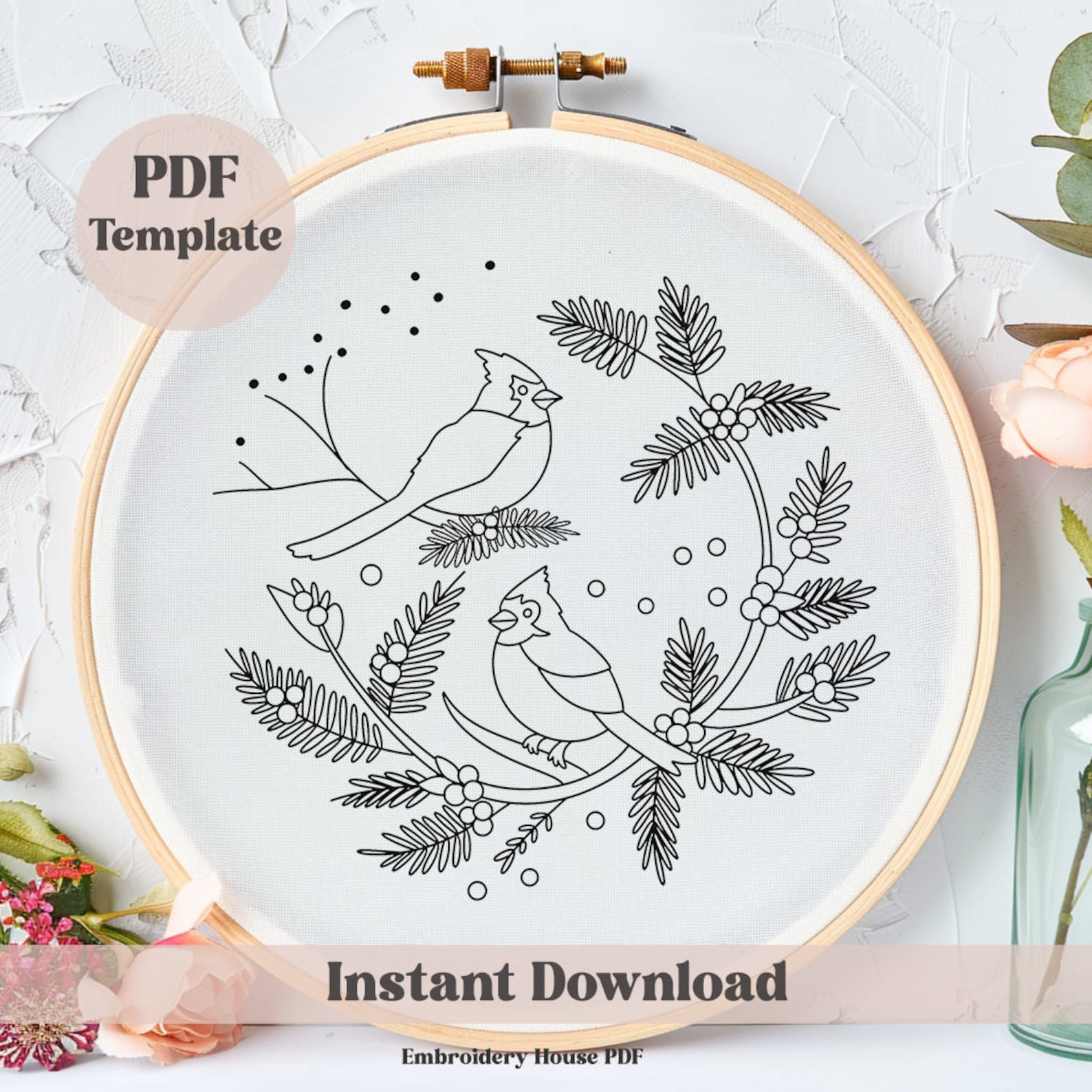 Red Cardinal Birds Embroidery, Red Cardinals Pattern, Autumn Bird ...