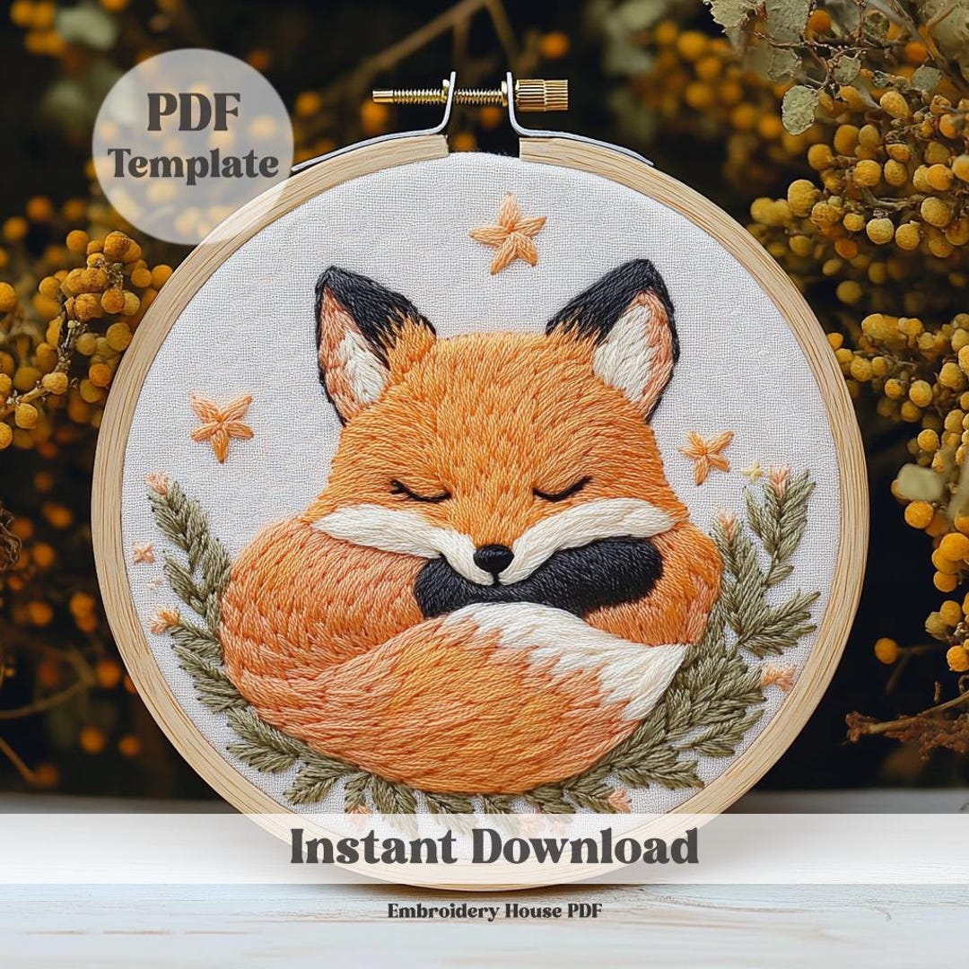Sleeping Fox Hand Embroidery, DIY Craft Gift, Modern Embroidery ...