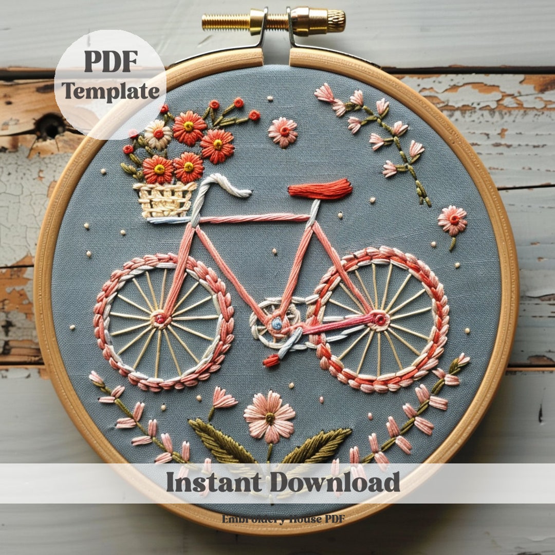 Bicycle Embroidery Pattern for Beginner, Floral Hand Embroidery, PDF ...