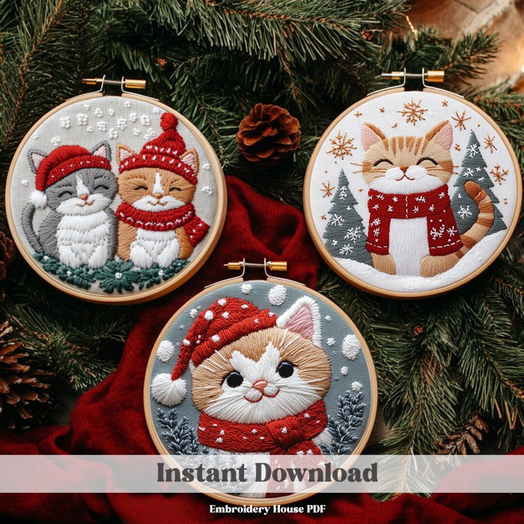 Winter Cats Hand Embroidery Template, Christmas Cat Embroidery Pattern ...