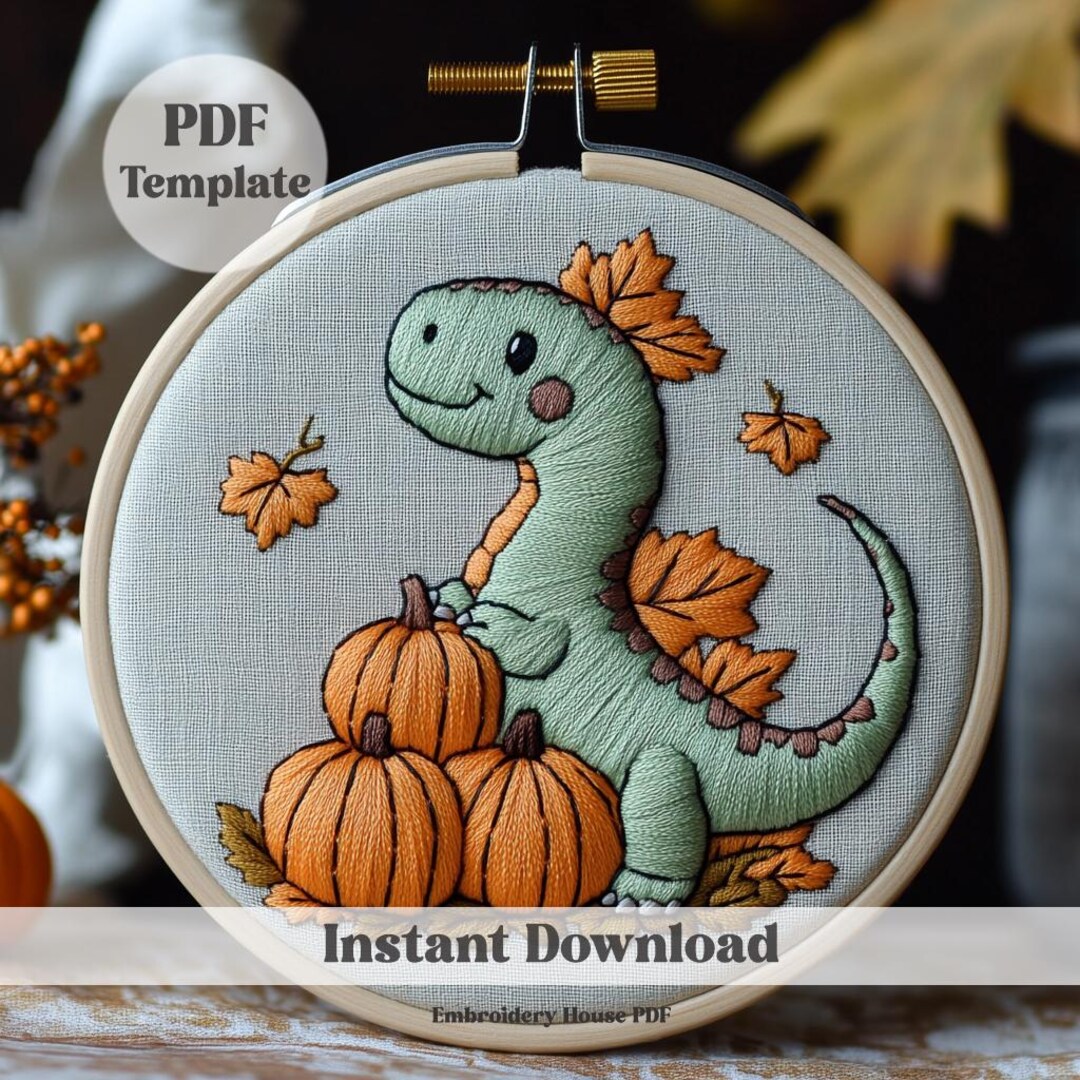 Autumn Dinosaur Embroidery Pattern, Autumn Embroidery, Halloween Decor ...
