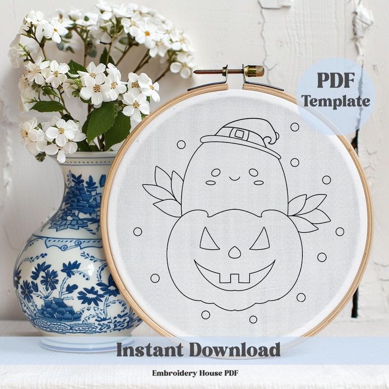 Ghost and Pumpkin Embroidery Art: Halloween Pattern (PDF Template) - Etsy