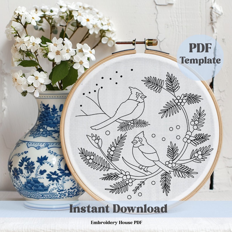 Red Cardinal Birds Embroidery, Red Cardinals Pattern, Autumn Bird ...