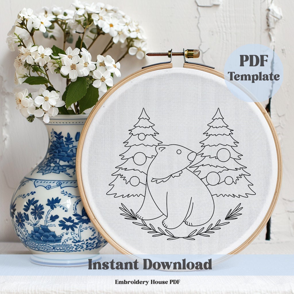 Polar Bear Hand Embroidery Template, Polar Bear Pattern, Winter Bear ...