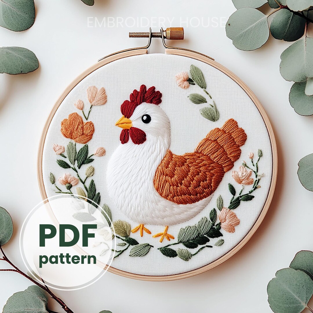 Floral Chicken Embroidery Pattern, Farmhouse Fowl Design (PDF Pattern ...