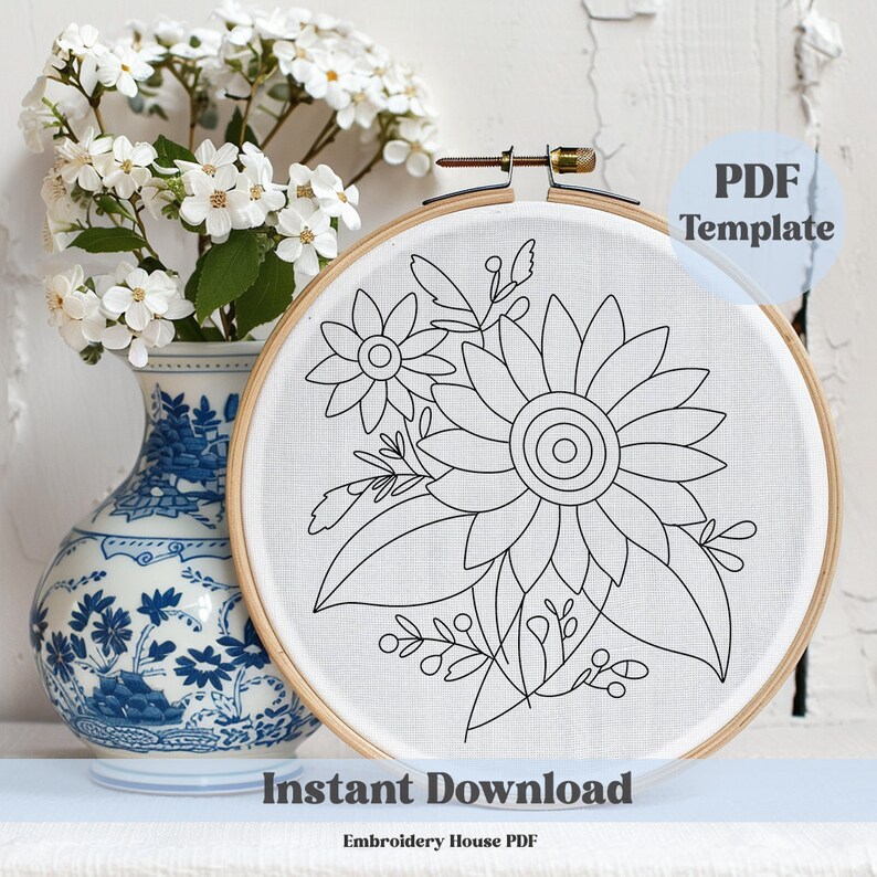 Sunflower Embroidery Pattern, Easy Floral Embroidery Pattern, Beginner ...