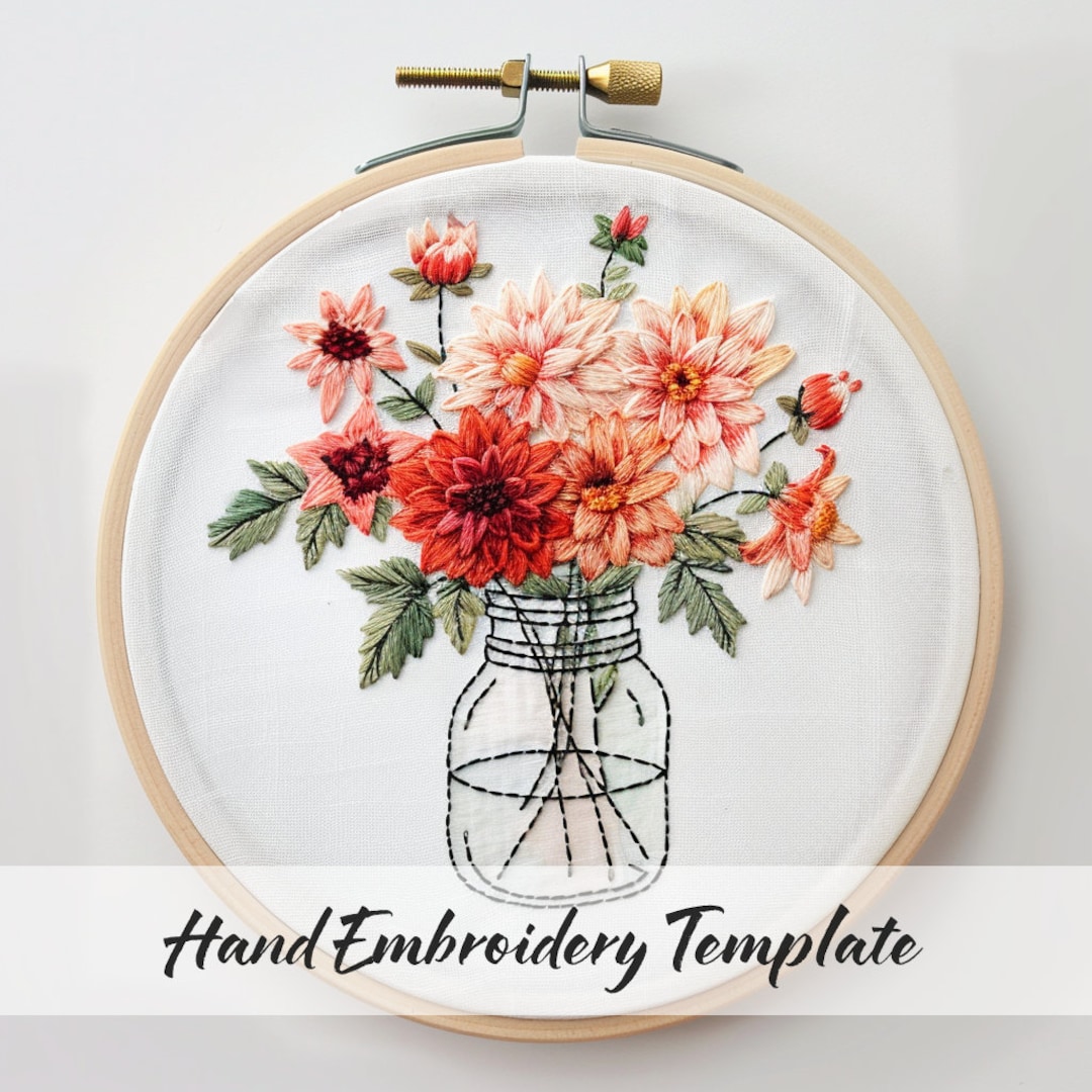 Dahlias Bouquet Embroidery Template, Floral Needlework Pattern, Botanical Needle Craft Pattern ...