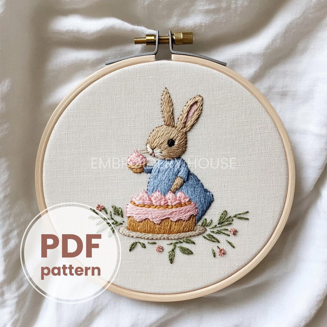 Rabbit and Cake Embroidery Pattern: Floral DIY Hoop Art (PDF Pattern ...