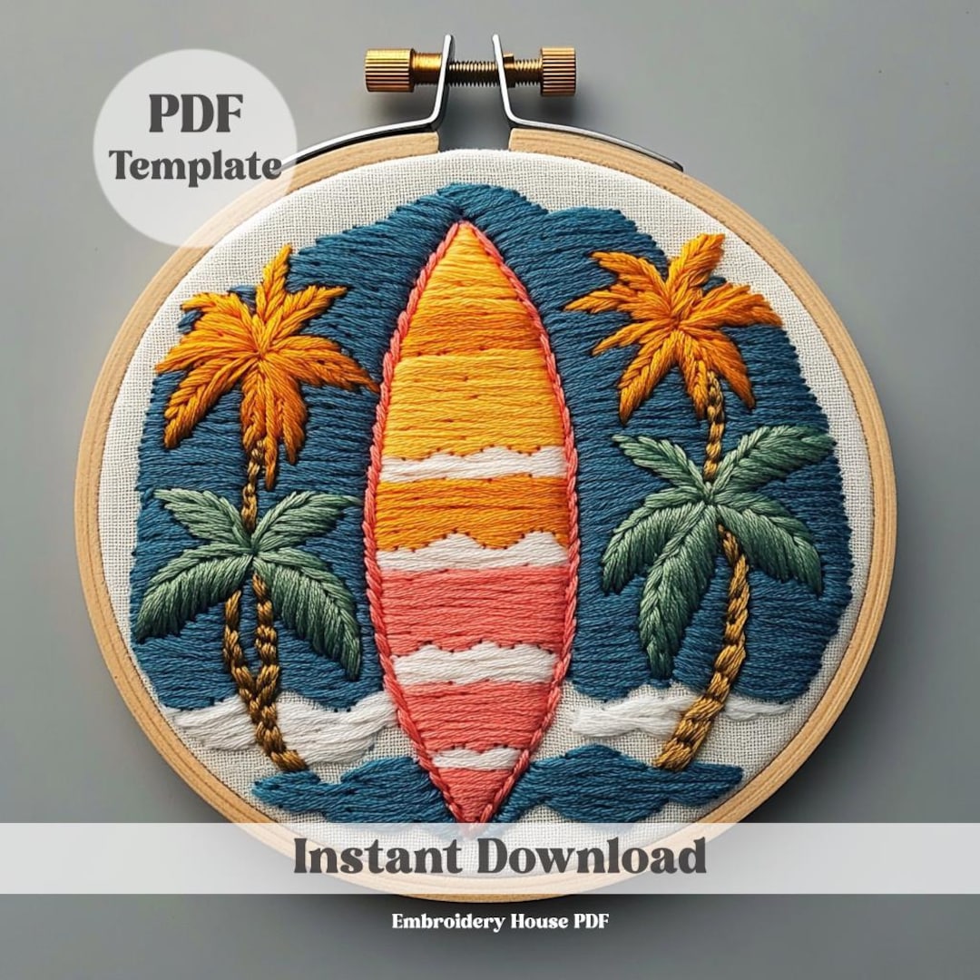Surfboard Embroidery Pattern: Summer Beach Design Hoop Art (PDF ...