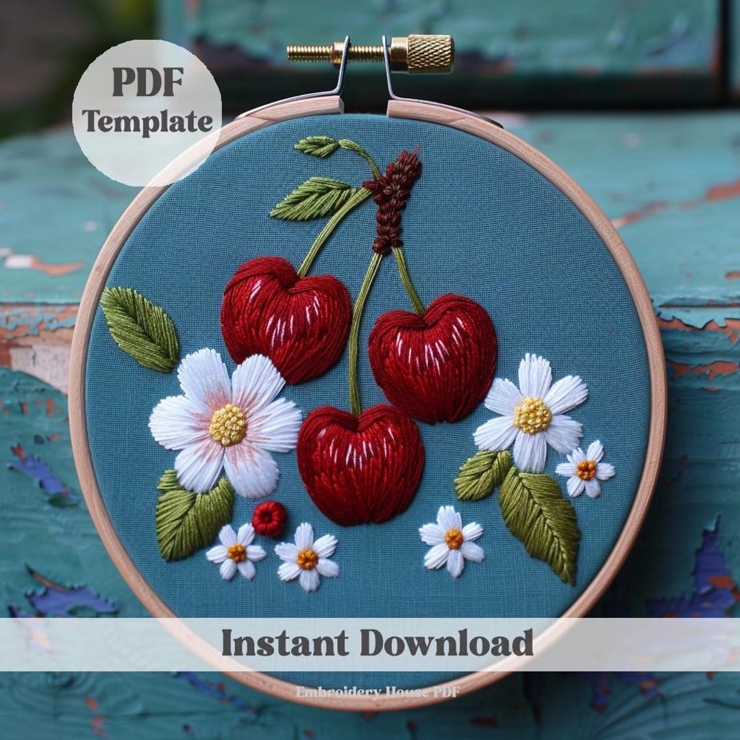Cherries Hand Embroidery Pattern, Fruit Embroidery, Floral Cherries ...