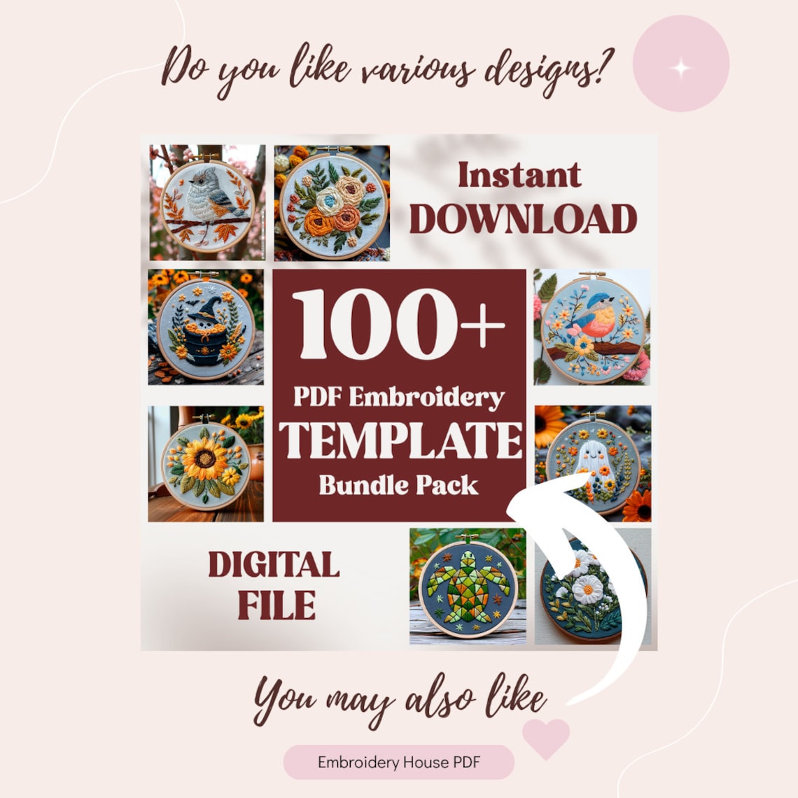 Floral Book Embroidery Pattern, Instant Download, Reading Book Decor ...