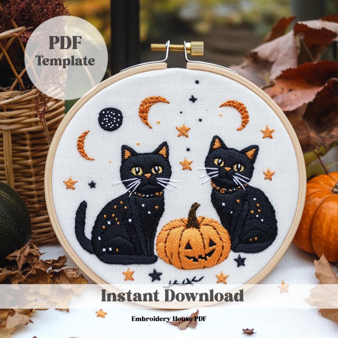 Halloween Black Cats Embroidery Pattern: Whimsical Pumpkin Design (PDF ...
