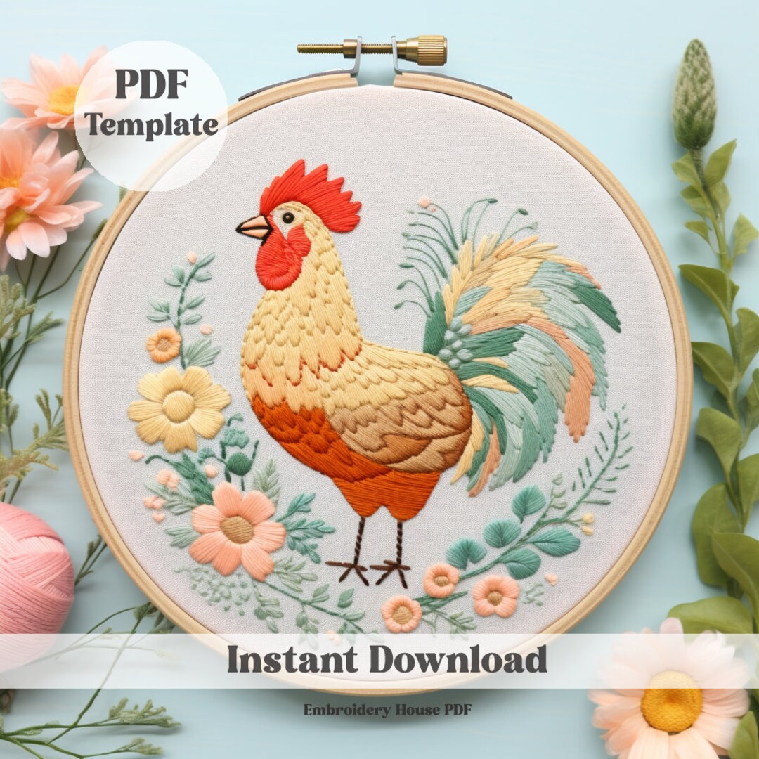 Rooster PDF Pattern , Beginner Embroidery, Embroidery Template, Floral ...