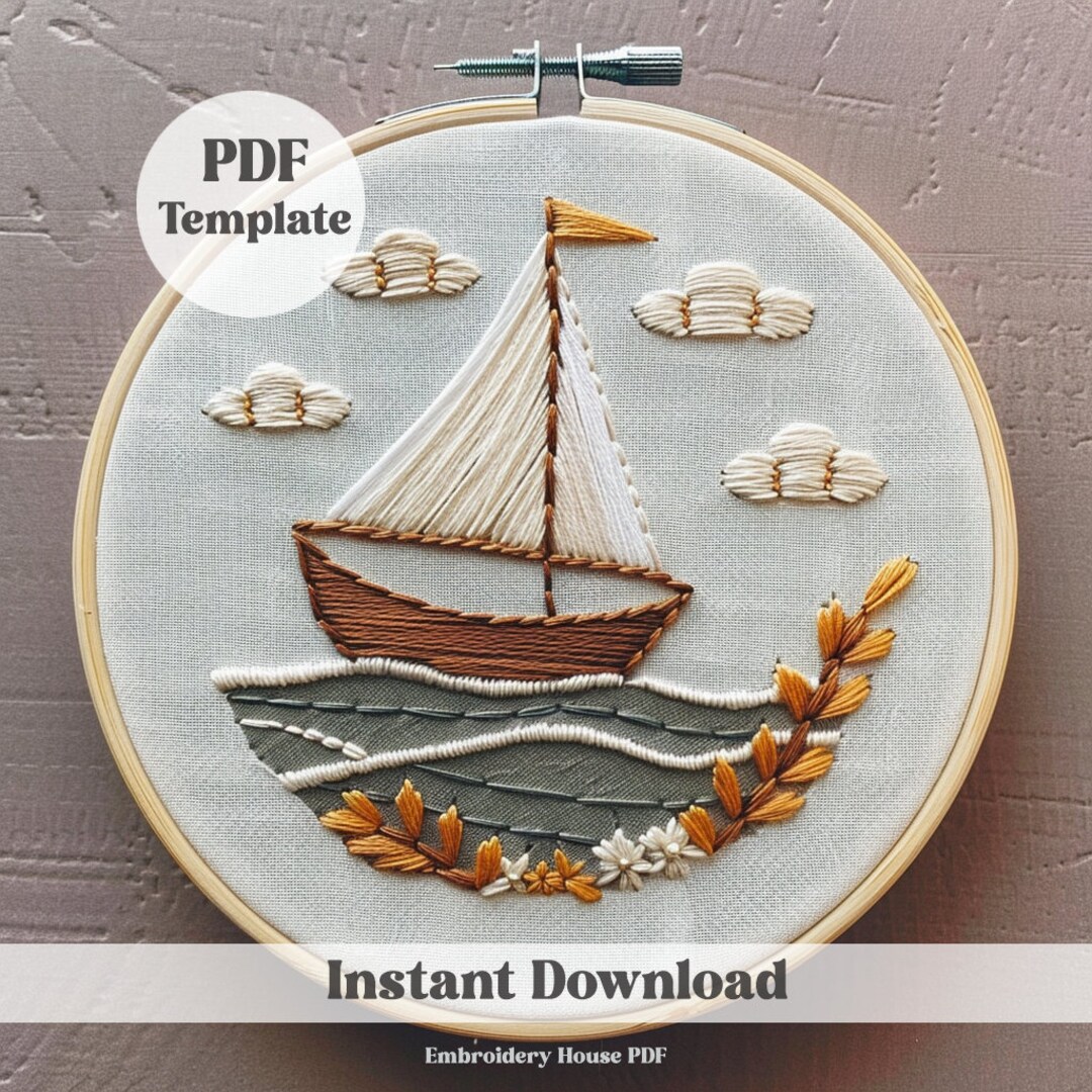 Old Sailboat Hand Embroidery Pattern, Pirate Ship, Ocean Embroidery Art ...