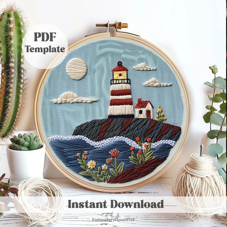 Lighthouse Embroidery, Hand Embroidery, Flower Embroidery, Lighthouse ...
