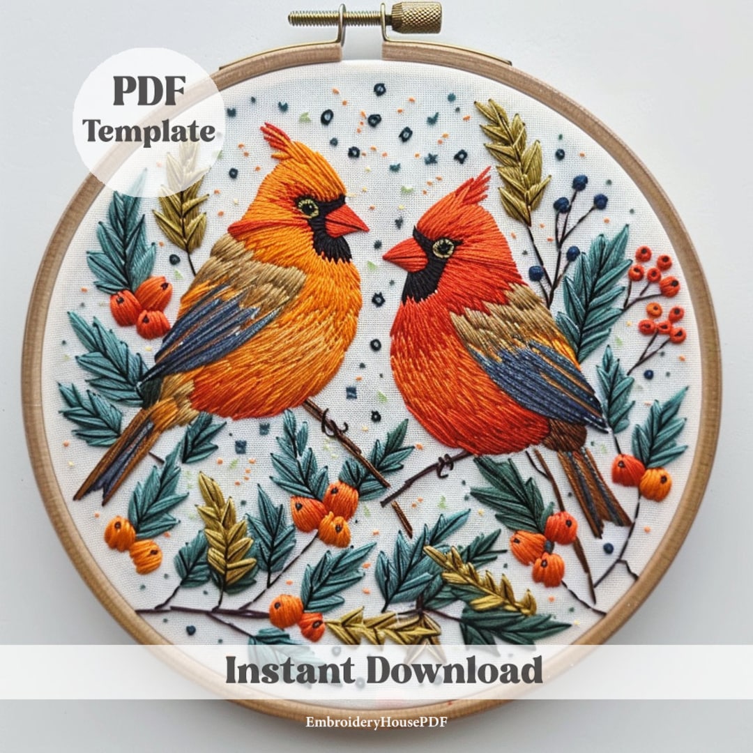 Winter Cardinal Birds, Hand Embroidery Pattern, Winter Bird Design ...