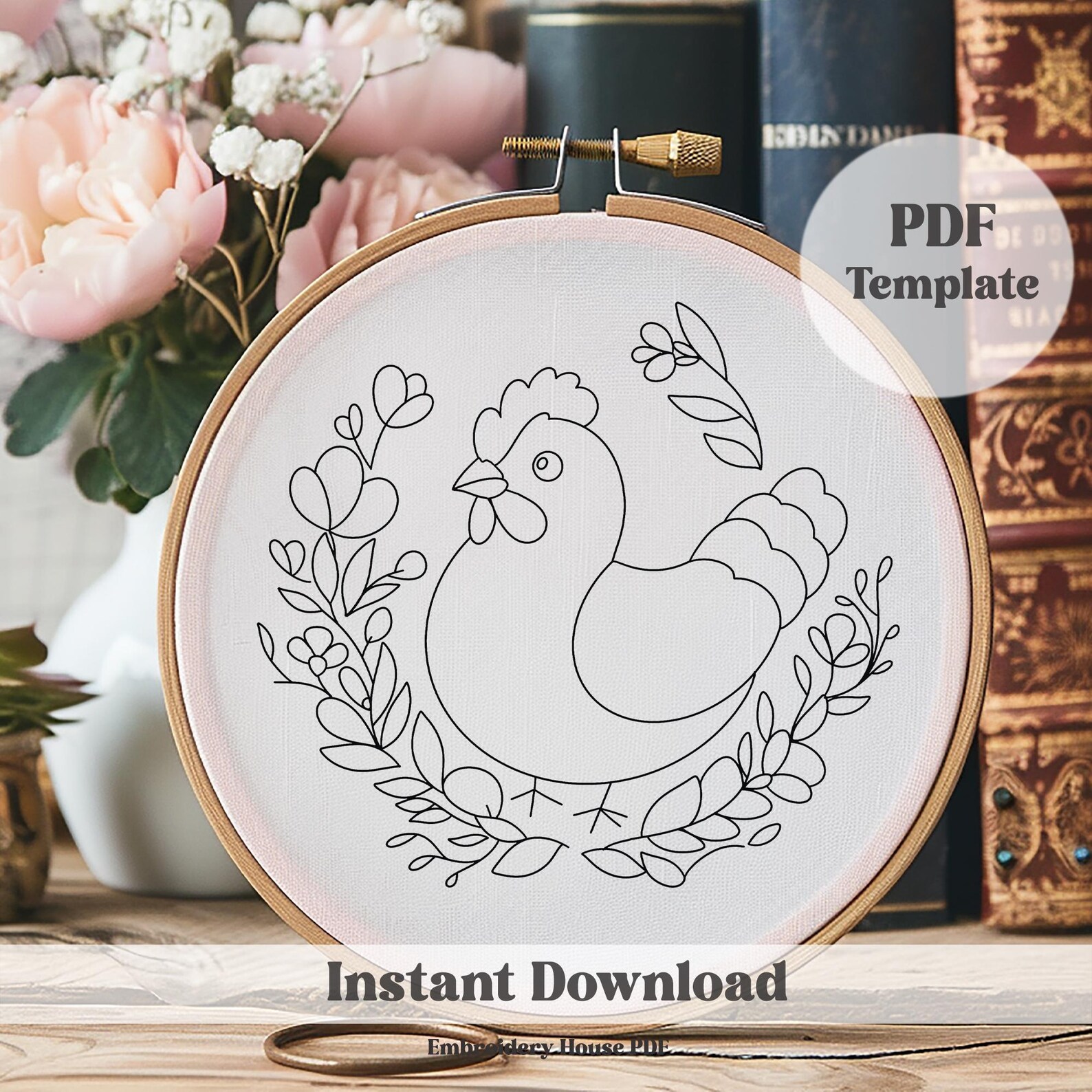Floral Chicken Embroidery Pattern, Farmhouse Fowl Design (PDF Pattern ...