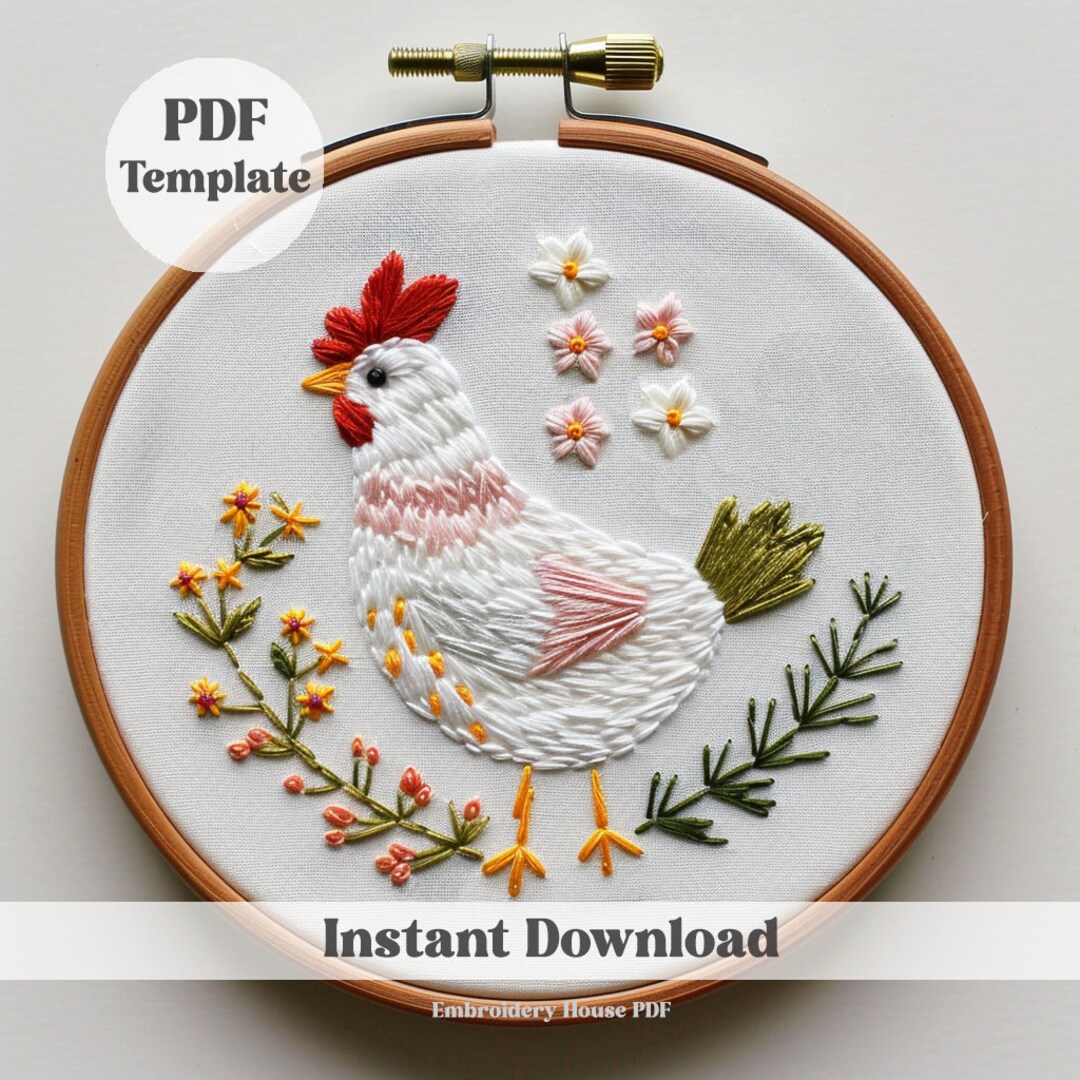 Floral Chicken Embroidery Pattern, PDF Pattern, Hen & Hare, Beginner ...