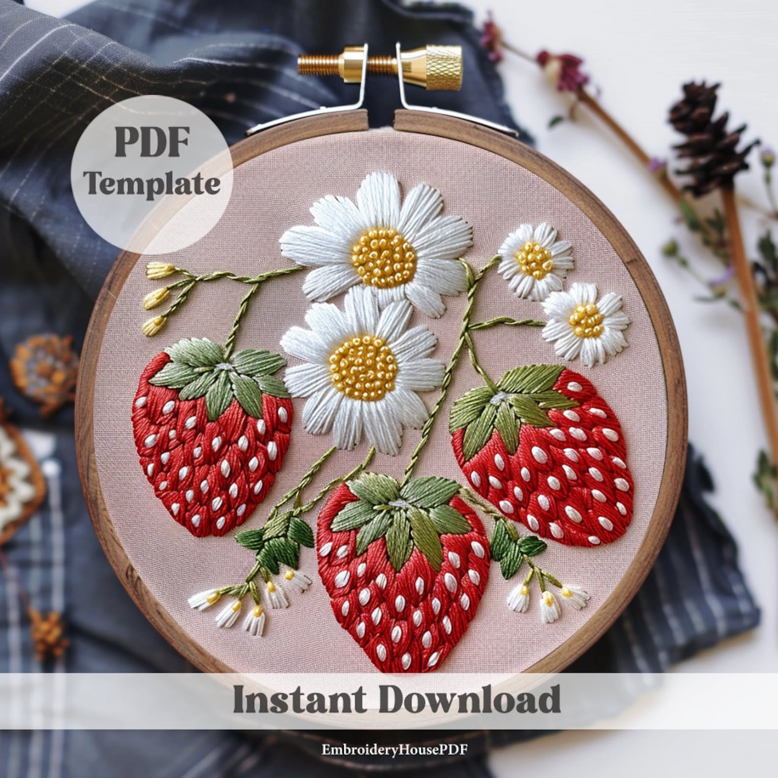 Strawberries and Flowers Embroidery, Strawberries Template ...