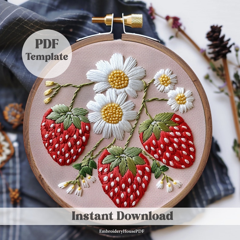 Strawberries and Flowers Embroidery, Strawberries Template ...